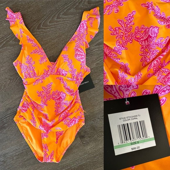 Ellen Tracy | Swim | One Piece Coral Print Swimsuit Flutter Shoulder ...